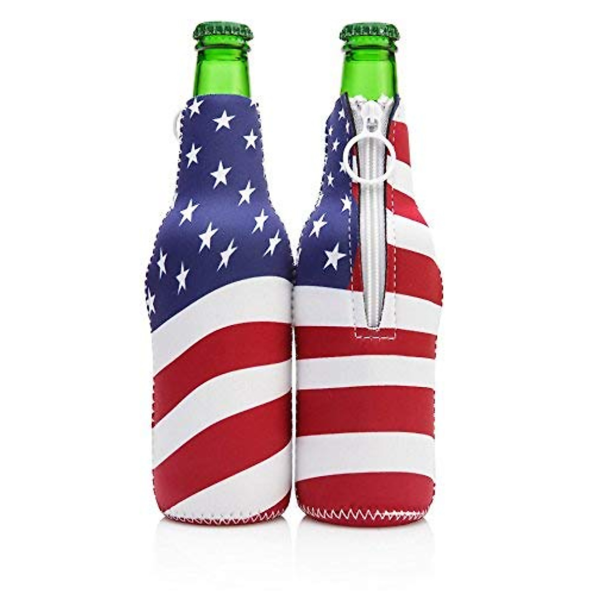Beer Bottle sleeves - Set of 6 Zipper American Flag Theme Coolies - Extra Thick Neoprene - Fully stitched, Non-Glued Base - Bonus Bottle Opener - Trendy & Awesome Gift or Hosting Item #6USF