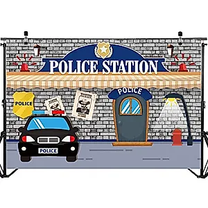 Aakihi Police Theme Happy Birthday Backdrop Banner Decorations,Police Station Party Backdrop Background Banner Birthday Baby Shower P o Booth Props Cake Table Decor 71 x 49 inch