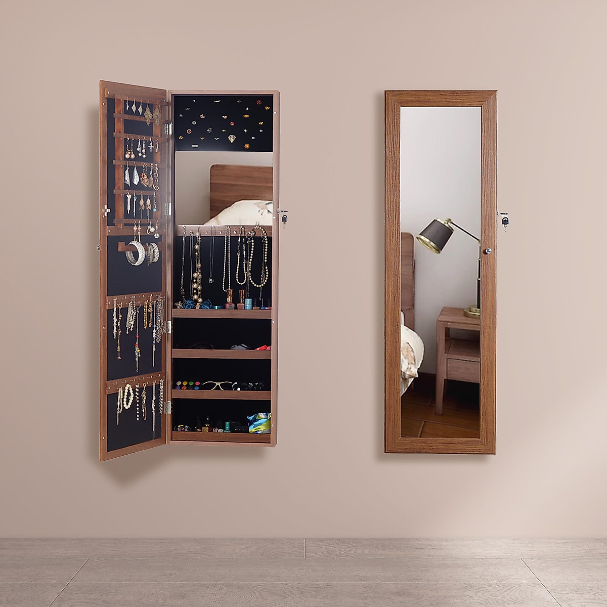 Brefhome Jewelry Armoir, Brown Wood Full Length Mirror Jewelry Cabinet with Storage, Necklace Organizer, Hanging Jewelry Holder Organizer Box