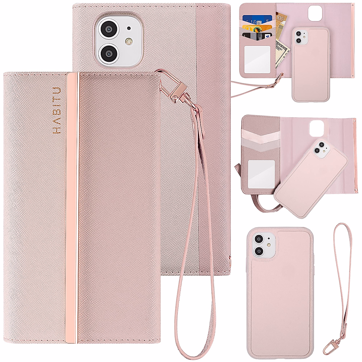 HABITU [Folio Collection 2022] Eris Tri-Fold Pink Wallet Case for iPhone 12/12 Pro, Detachable Vegan Leather Magnetic Folio with Card Pockets, Mirror & Strap for Women, Pink Eris