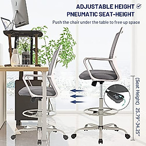 ZUNMOS Drafting Tall, Counter Office, High Standing, Ergonomic Mesh Computer Task Chair with Armrests and Adjustable Foot-Ring for Bar Height Desk, Grey