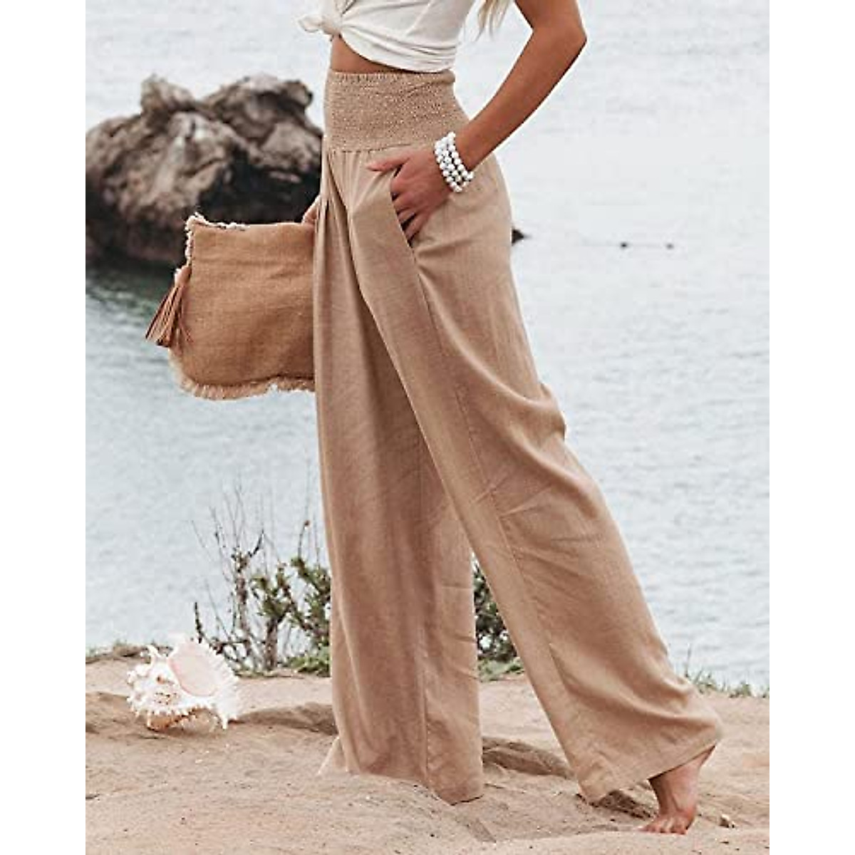 Vansha Women Summer High Waisted Cotton Linen Palazzo Pants Wide Leg Long Lounge Pant Trousers with Pocket Khaki S