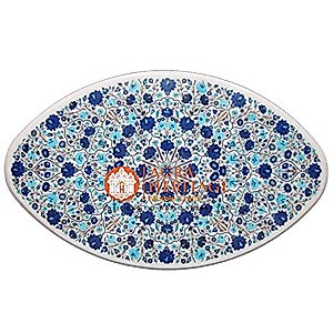 White Marble Dining Table Top Pietra Dura Turquoise Lapis Lazuli Inlay Floral Arts Occasional Decor