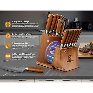 Kitchen Knife Sets With Block, Piklohas 15 Pieces Knife Sets With Magnetic Detachable Knife Holder, High Carbon Steel Damascus Pattern Chef Knife Set With Steak Knives, Ideal For House Warming Gift