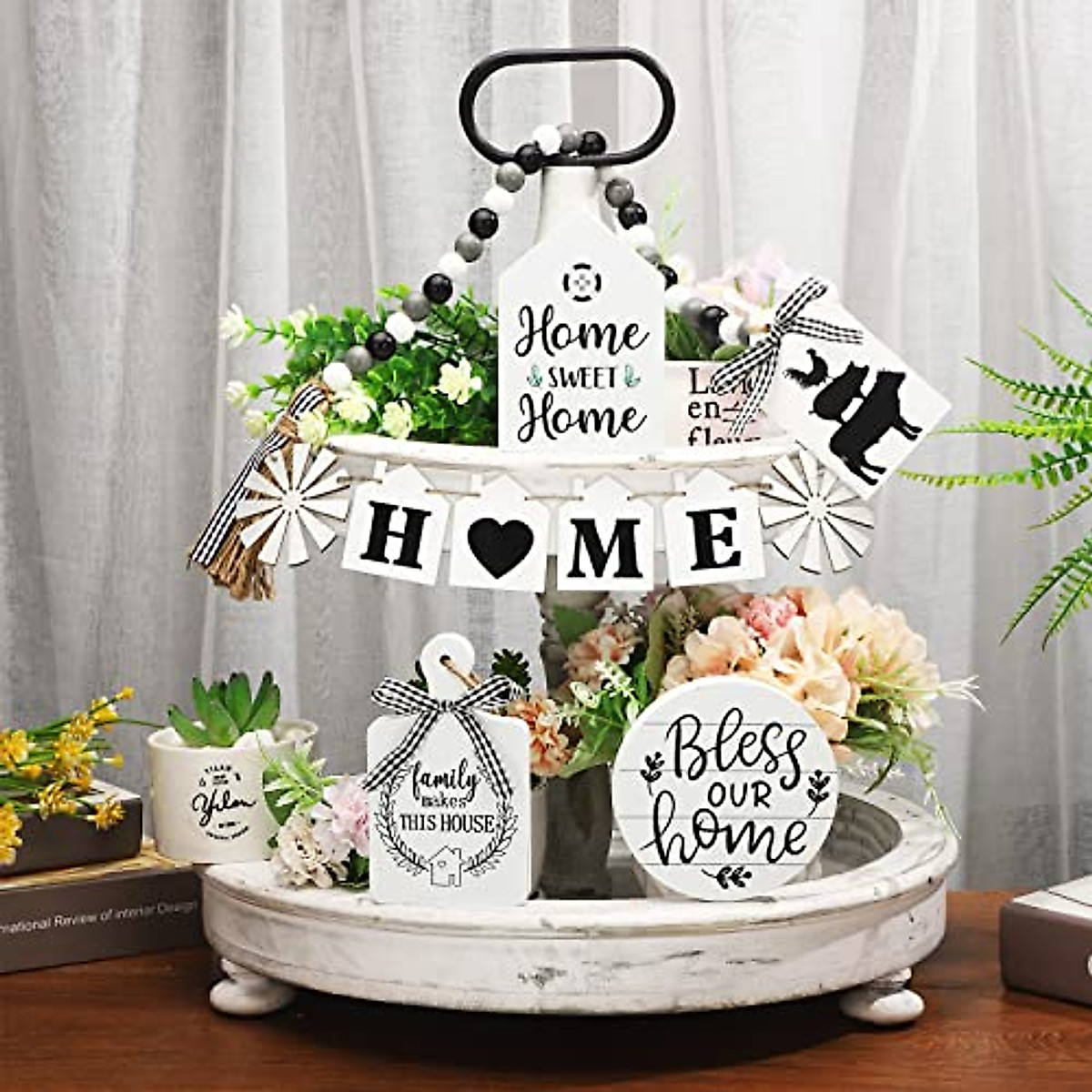 10 Pcs Farmhouse Tiered Tray Decor Farmhouse Home Decor Mini Signs Rustic Home Wood Sign Cutting Broad House Shaped Table Decor Buffalo Plaid Farm Fresh Sign (Home Style)