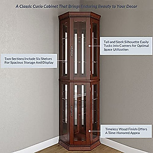 BELLEZE Lighted Wooden Corner Display Curio Cabinet, Two Section Shelving Unit with Tempered Glass Door, Bar and Liquor Storage Area with 6 Shelves - Lorona (Walnut)