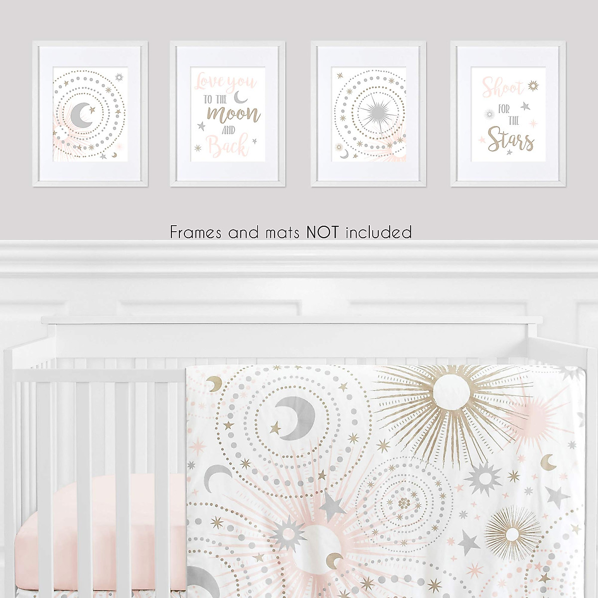 Sweet Jojo Designs Blush Pink, Gold, Grey and White Star and Moon Wall Art Prints Room Decor for Baby, Nursery, and Kids for Celestial Collection - Set of 4 - Shoot for the Stars