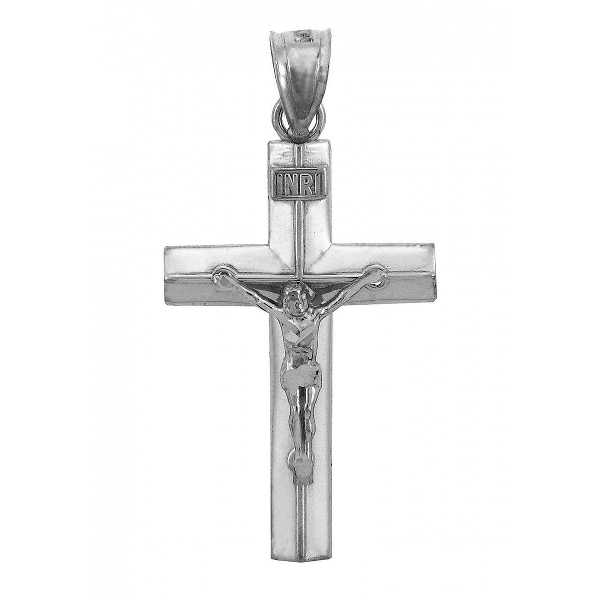 Solid 14k White Gold Linear Cross Charm INRI Crucifix Pendant