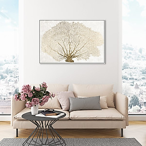 The Oliver Gal Artist Co. Nautical and Coastal Contemporary White Frame Canvas Wall Art Gold Coral Fan Living Room Bedroom and Bathroom Home Decor 45 in x 30 in White and Gold