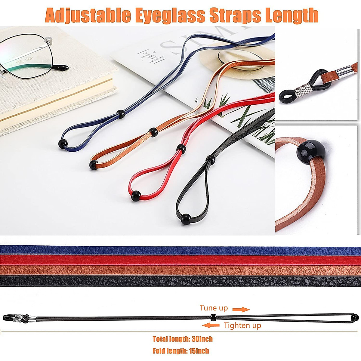 Pack of 4 Eco Leather Eyeglass Straps,Luxurious Adjustable Eyewear Retainers, Anti-slip Eyeglass Chains Lanyard, Sport Sunglass Retainer Holder Strap for Men and Women,with Free Gifts