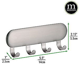 mDesign Metal Peel and Stick Adhesive 4 Hook Storage Rack - Wall Mount Organizer for Entryway, Mudroom, Hallway, Kitchen, Office - Holds Car/House Keys, Leashes - Brushed Stainless Steel