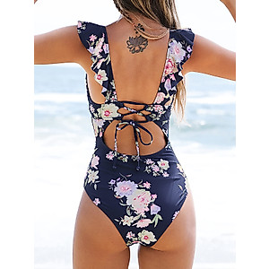 CUPSHE Women's One Piece Swimsuit Ruffle V Neck Lace Up Bathing Suit, M Navy Floral