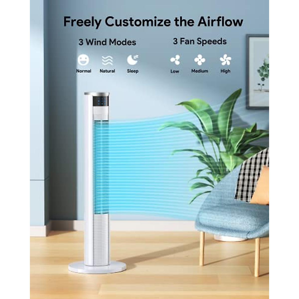 Tower Fan, Oscillating Tower Fan with Remote, 3 Modes, 3 Speeds, and 7-Hour Timer, Portable Space-Saving Bladeless Fan for Bedroom and Home Office 36”
