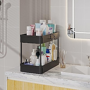 Boeeoan Under Sink Organizers Storage Rack, 2 Tier Under Bathroom Cabinet Shelf Basket, Multi-Purpose Storage Cart with Hooks for Kitchen Bathroom Bedroom Livingroom, Black