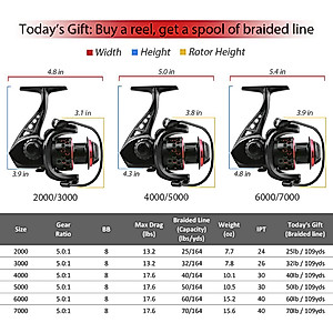 Dorisea Fishing Reel 7+1 Stainless Steel BB Ultra Smooth Aluminum Spinning Fishing Reel,Lightweight Spinning Reel for Freshwater Saltwater Fishing, Come with 109 yds Braided Line (CF4000)