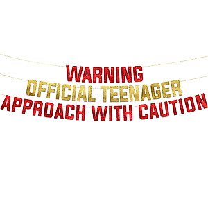 Warning Official Teenager Approach With Caution Gold Glitter Banner - 13th Birthday Party Supplies, Ideas, Gifts and Decorations