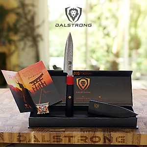 Dalstrong Paring Knife - 4.5 inch - Ronin Series - Double Bevel Blade Razor Sharp - Japanese AUS-10V Super Steel - Damascus - G10 Handle Kitchen Knife - Black Acacia Wood Sheath