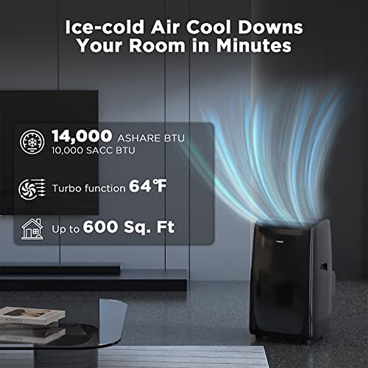 TURBRO 14,000 BTU Smart WiFi Portable Air Conditioner, Powerful Cooling Up to 600 Sq Ft, 3 in 1 Functions with Backlit Remote, Supports Alexa Voice Control, Easy Installation, Greenland Series, Black (10,000 BTU SACC)