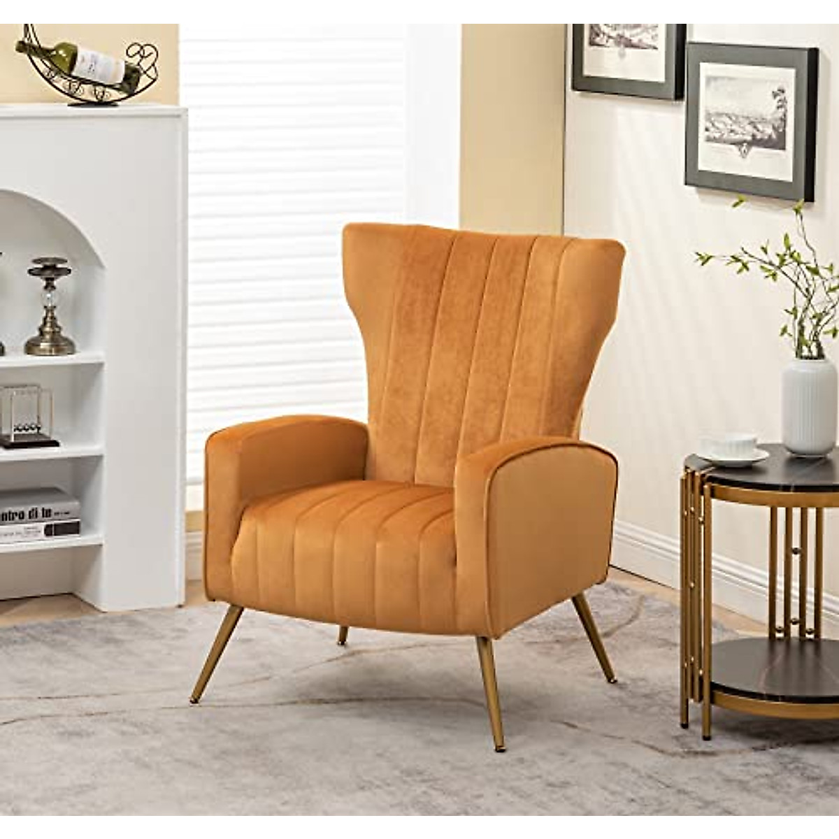 US Pride Furniture Modern Velvet Accent Chair for Living Room, Bedroom or Office with Stylish Metal Legs, Plush Upholstery and Wood Frame, Small-Medium, Mustard Yellow