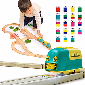 Robobloq Wooden Train Set, 25 PCS Wooden Tracks, 22 Functions Lights/Music, 3 Game Modes, Preschool Educational Toys Gifts for Kids Age 3-7, Fit Thomas The Train, Brio, Melissa & Doug