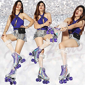 JajaHoho Roller Skates for Women, Holographic High Top PU Leather Rollerskates, Purple Shiny Double-Row Four Wheels Quad Skates, Age 8-50 Indoor Outdoor, Silver, Aluminum Trucks Baseplate, Size 8