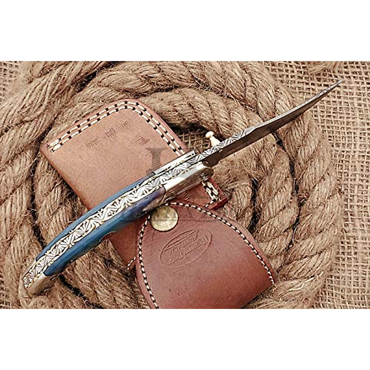 HUNTEX Custom Handmade Hand-Forged Twist Pattern Damascus Steel 4 Inch Long Natural Tinted Camel Bone Handle Razor Sharp Hunting Camping Folding Pocket Trailing Knife with Genuine Leather Pouch