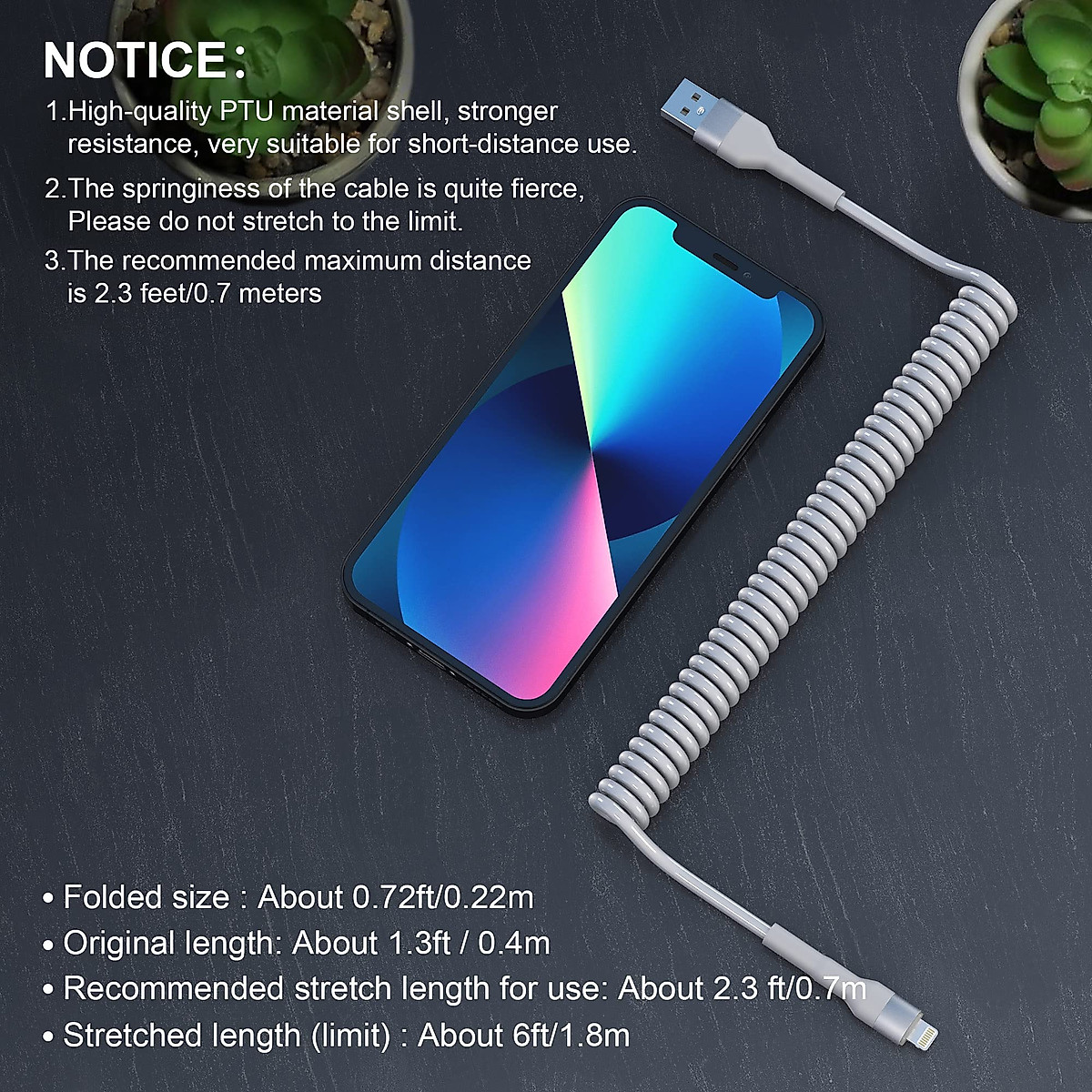 Coiled iPhone Lightning Cable Apple Carplay Cable MFi Certified, Retractable Apple Car Play Cord with Data Sync and LED, Short Coiled iPhone Charger Cable for iPhone/Pad/Pod, White