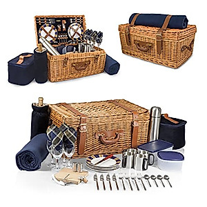 PICNIC TIME Windsor Luxury Wicker Picnic Basket, Deluxe Set for 4, Navy Blue