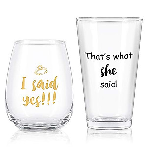 I Said Yes That’s What She Said Stemless Wine Glass and Beer Glass Combo, Good Engagement Gifts Unique Gifts for Couples Him Her Newlyweds Valentine’s Day Bridal Shower Wedding Gift, Set of 2