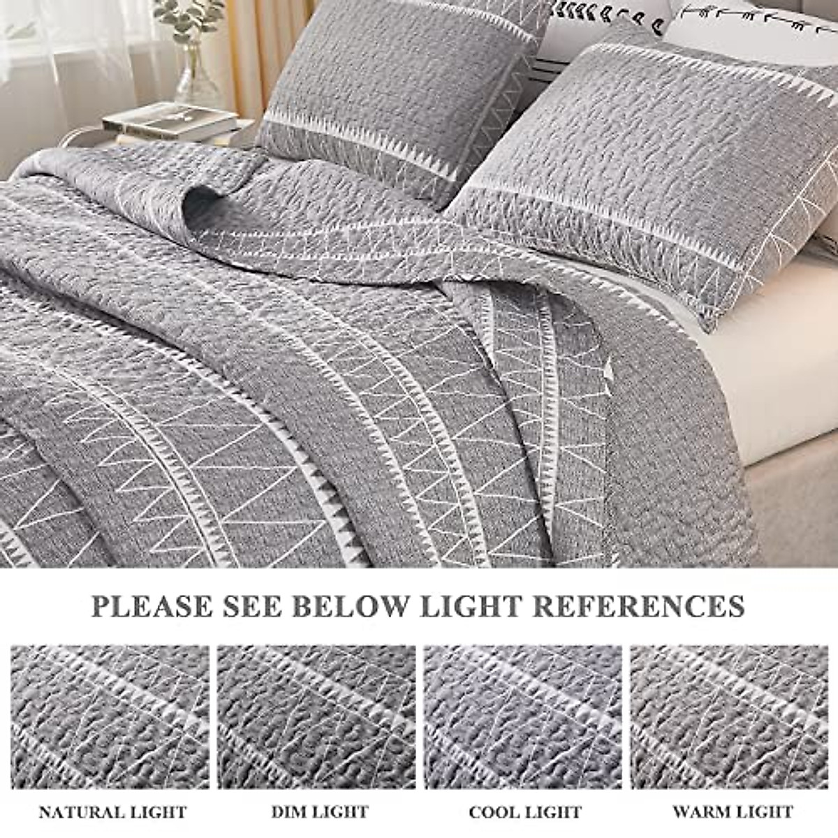 Andency Grey Quilt Set California King (112x104 Inch), 3 Pieces(1 Striped Triangle Printed Quilt and 2 Pillowcases), Bohemian Summer Lightweight Reversible Microfiber Bedspread Coverlet Sets