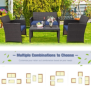 Toolsempire Outdoor Furniture Set with Water-Resistant Cushion & Tempered Glass Table, 4 Pieces Wicker Conversation Set with Ergonomic Curved Design, Outdoor Rattan Chair for Balcony, Porch(Navy Blue)