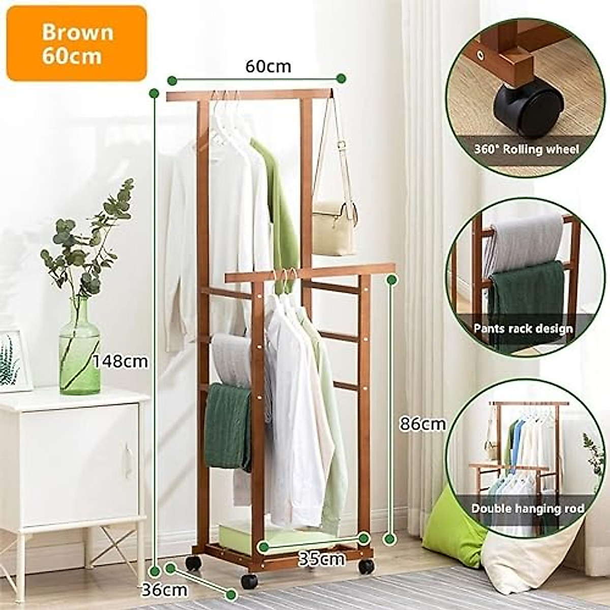 REROM Free Standing Coat Rack On Wheels,Bamboo Clothes Rails Garment Rails For Dress Pants Shoes Hats Easy Assembly Bedroom Floor Standing Garment Rack (Color : Log color, Size : 60cm)