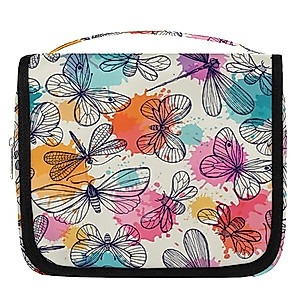 POFATO Butterfly Dragonfly Ink Travel Toiletry Bag Cosmetic Makeup Bag for Women Men Hanging Hook Wash Toiletries Portable Toiletry Bags Organizer