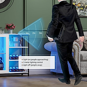 LVSOMT LED Farmhouse Coffee Bar Cabinet, Wine Cabinets with Removable Wine Rack, Buffet Cabinet with Motion Sensor for Kitchen, Dining Room (Pure White-43.3''L)