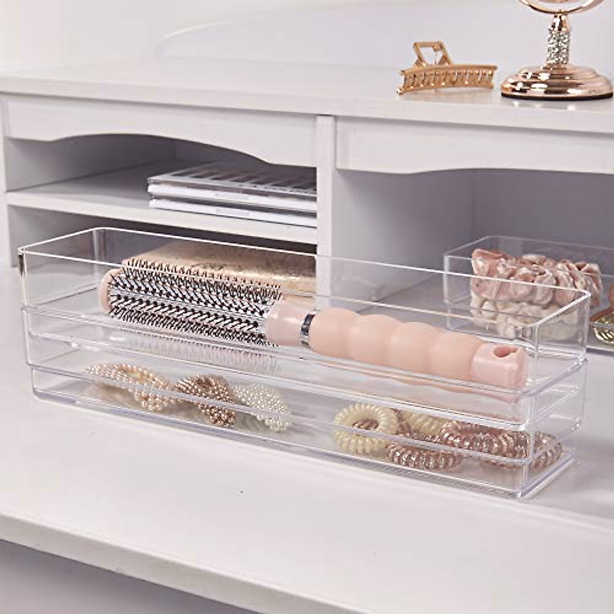 STORi SimpleSort 6-Piece Stackable Clear Drawer Organizer Set | 12" x 3" x 2" Rectangle Trays | Narrow Makeup Vanity Storage Bins and Office Desk Drawer Dividers | Made in USA