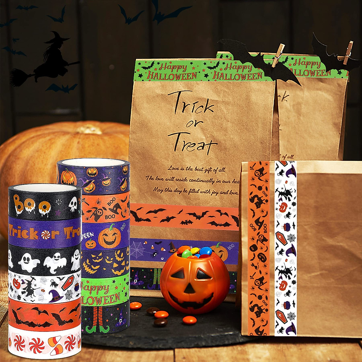 SANNIX 12 Rolls Halloween Washi Tape 15mm Wide Halloween Pumpkin Ghost Bat Masking Tape for DIY Crafts and Scrapbooking