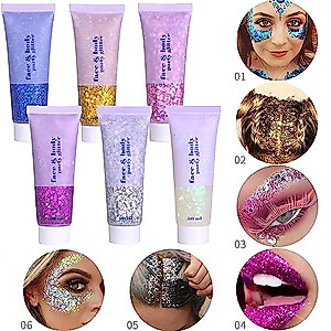 2 Color Face and Body Glitter Gel, Neon Outfit Glow Party for Body Hair Face Nail Glitter Stick Makeup. (03-Pink&06-White Moonbeam)