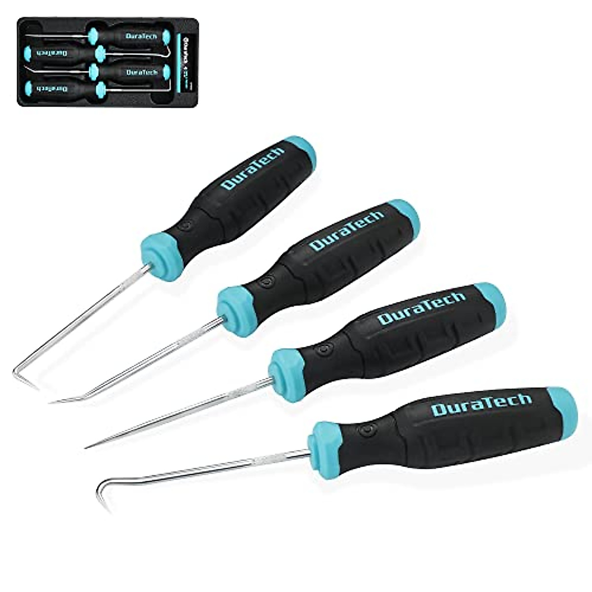 DURATECH 4 Piece Hook and Pick Set, Offset, Straight, 90°Pick and Hook, Used for Auto and Electronics Maintenance Tools, with Storage Tray