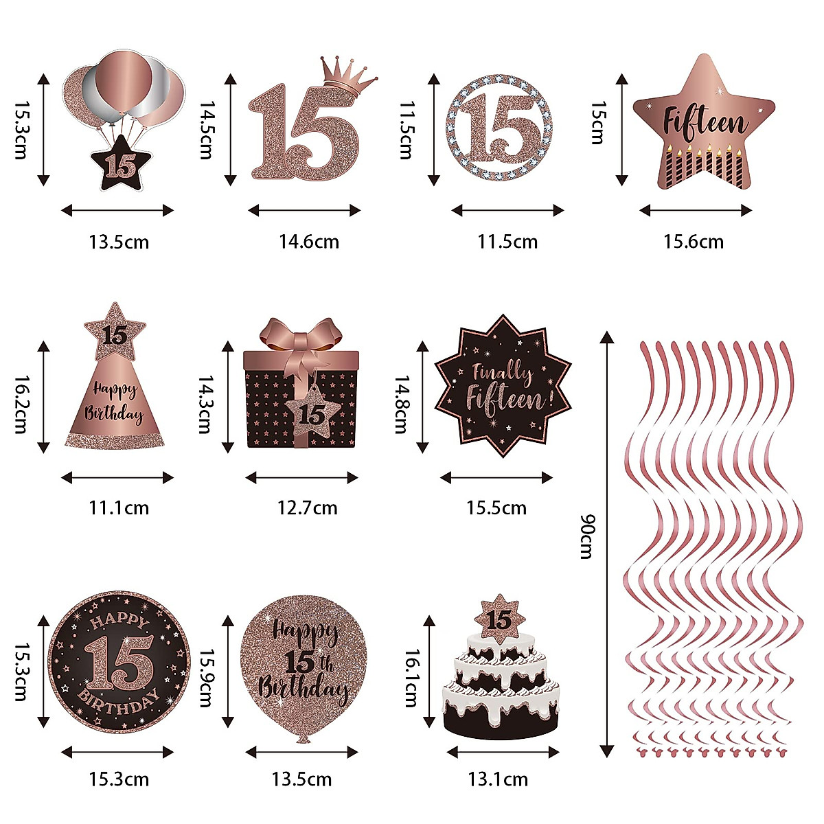 Happy 15th Birthday Hanging Swirls Streams Ceiling Decorations, Celebration 15 Foil Hanging Swirls with Cutouts for 15 Years Old Rose Gold Birthday Party Decorations Supplies