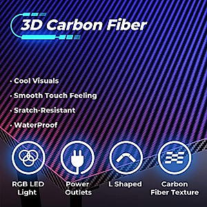 Huuger L Shaped Gaming Desk with Power Outlets & LED Lights, Computer Desk with Monitor Shelves, Carbon Fiber Surface, Home Office Desk, Corner Gaming Desk with Hooks, Black