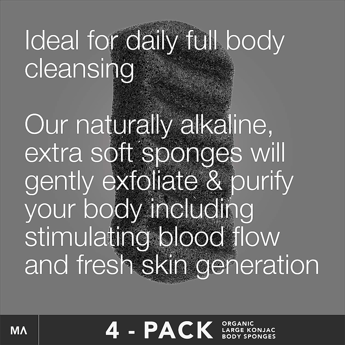 Minamul Konjac Exfoliating Organic Body Sponge | Gentle Daily Body face Scrub/Skincare | Infused with Best Bamboo Activated Charcoal | Safe for Oily, Dry, Combination or Sensitive Skin | 4 Pack Set