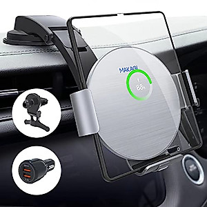 MAKAQI Wireless Car Charger for Galaxy Z Fold 4/3/2, Dual Coil Auto Clamping Wireless Car Charger Mount for iPhone 14/13/12/11 Pro Max/X, Fast Charging Car Holder for Galaxy Z Fold