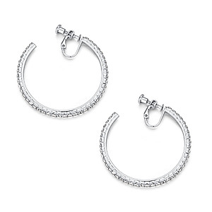 LAXPICOL Fashion Sparkly Austrian Circle Hoop Earrings Clip On Earrings For Women No Piercing Earrrings Silver Tone 1.6"*1.6"