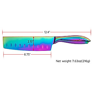 WELLSTAR Nakiri Knife 7 Inch, Razor Sharp German Stainless Steel Meat Vegetable Cleaver, Multi-purpose Asian Kitchen Knife for Home Chef’s Cooking with Rainbow Titanium Coating, Strong Durable Handle