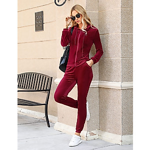 Cowasto Women's Velour Velvet Track Sets Two Pieces Full zip up Hoodied Coat Pants Outfit Suit TrackSuit, Wine Red, Medium