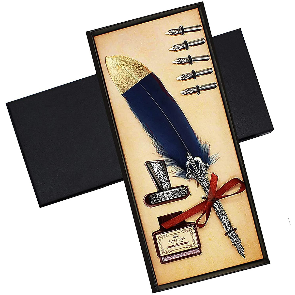 Quill Pen, Handmade Quill Feather Pen Set Antique Calligraphy Writing Quill Pen with Ink, Feather Pen with Ink and Steel Tips Calligraphy Set Quill Pen,6 Replacement Nibs/Contains ink（Navy Blue）1