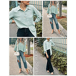 Women's Button Down Shirt Work Business Casual 3/4 Sleeve Tops Rolled Up Plus Size Shirts V Neck Curved Hem Chiffon Blouse Tops Light Green