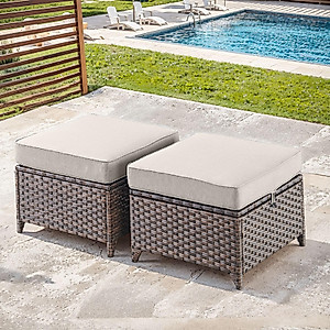 Outdoor Patio Ottoman Set of 2-Rattan Wicker Ottoman Foot Rest with Removable Cushions Cover Outdoor Footstool for Deck Balcony Poolside Backyard-Brown/Beige