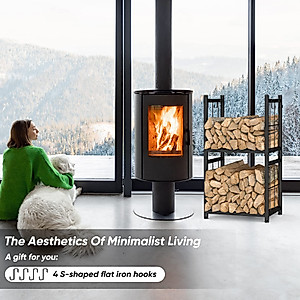 Firewood Rack Indoor, Portable 2 Tier Firewood Rack, Sturdy and Easy to Assemble Construction, Outdoor Firewood Rack with 4 Hooks for Storing Wood Logs for Fireplaces, Fire Pits and Stoves - Black