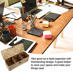 IMIKEYA Rattan Basket with Lid 3 Compartment Storage Bin Desktop Makeup Sundries Organizer Rustic Storage Organizer for Table Stationery Supplies